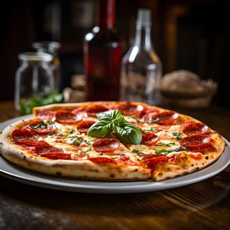 Freshly Baked Pizza With Pepperoni And Basil Topping Ai Generated
