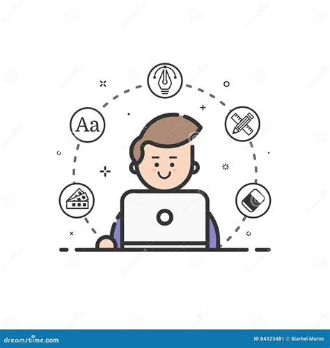 Vector Illustration Of Colored Icon In Flat Line Style Linear Cute And Happy Man With Laptop