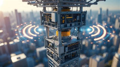Advanced Telecommunication Tower Emitting Vibrant Signals Over A Futuristic Cityscape Stock