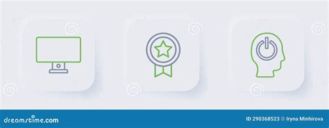 Set Line Power Button Game Rating With Medal And Computer Monitor Icon