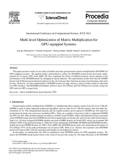 Pdf Multi Level Optimization Of Matrix Multiplication For Gpu