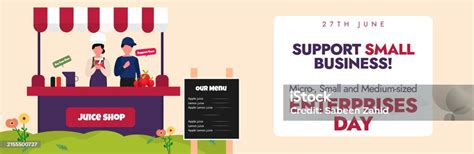 마이크로 중소기업의 날 6 월 27 일 Msme의 날 축하 표지 배너 두 주인과 함께 카트에 작은 주스 가게와 함께 게시 중소기업 지원 및 감사 벡터 스톡 일러스트 Eps