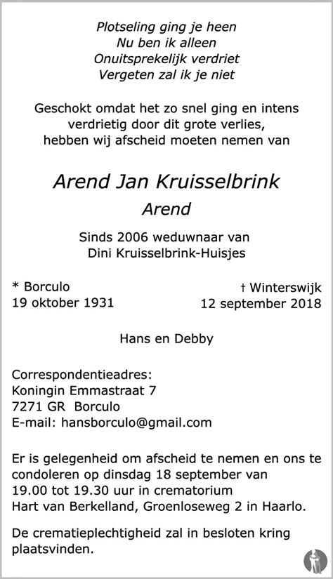 Arend Jan Arend Kruisselbrink Overlijdensbericht En Condoleances Mensenlinq Nl