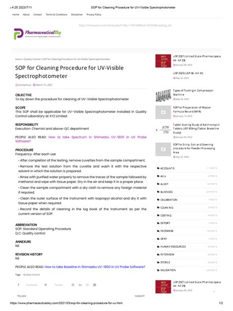 Sop For Cleaning Procedure For Uv Visible Spectrophotometer Pdf