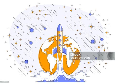 혜성 소행성 유성 별 및 다른 요소에 의해 둘러싸인 공간으로 행성 지구 로켓 발사 우주 우주 과학을 탐구 한다 얇은 선 3d