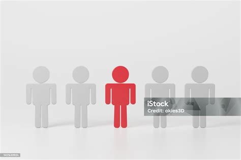 흰색 배경에 군중 백인 사람들 눈에 띄는 다른 빨간 사람의 그림 리더십 사업가 인적 자원 개념의 연속으로 다른 사람들과 함께