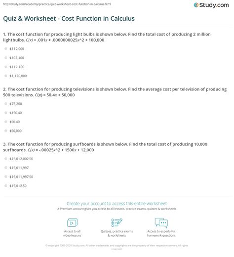 Quiz And Worksheet Cost Function In Calculus