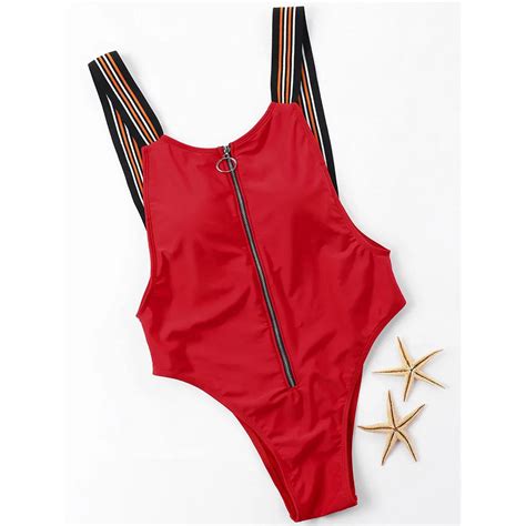 Zip Front One Piece Swimwear High Waist Swimsuit Striped Red Bathing
