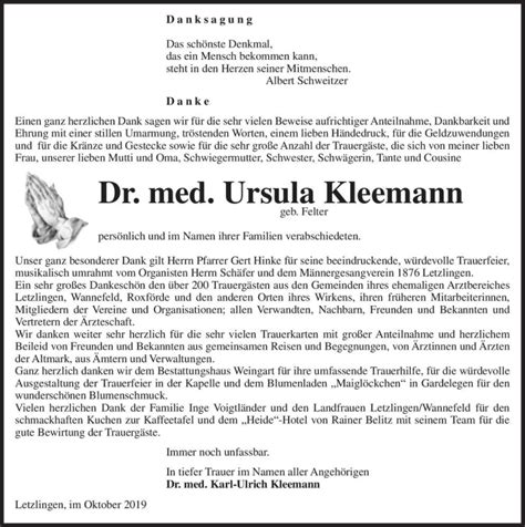 Traueranzeigen Von Dr Med Ursula Kleemann Geb Felter