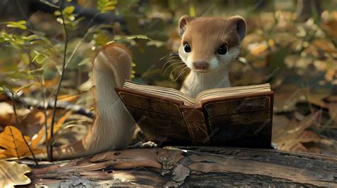 A Curious Weasel Sits On A Log In The Forest Engrossed In A Book The Weasel Is Surrounded By