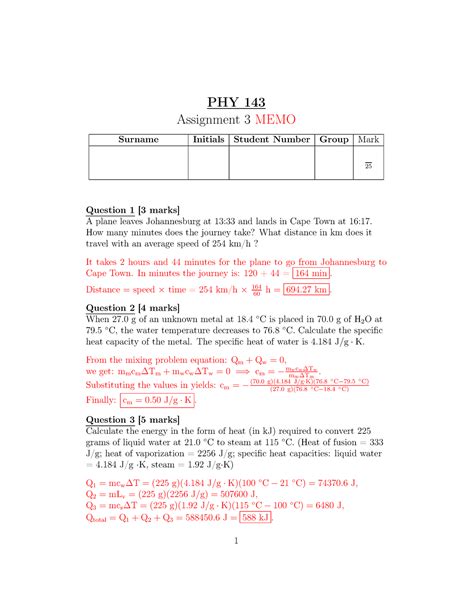 Phy 133 Assignment 3 Memo 2023 Phy 143 Assignment 3 Memo Surname