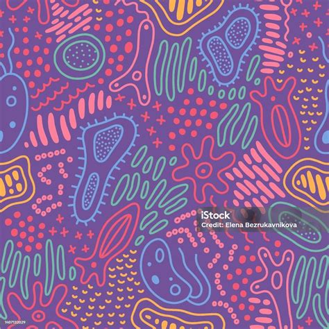 미생물 바이러스 박테리아가있는 추상 낙서 패턴 판타지 미생물 곰팡이 세포 세균 Probiotic 등등을 가진 벡터 이음새가 없는 배경 현미경에 대한 스톡 벡터 아트 및 기타