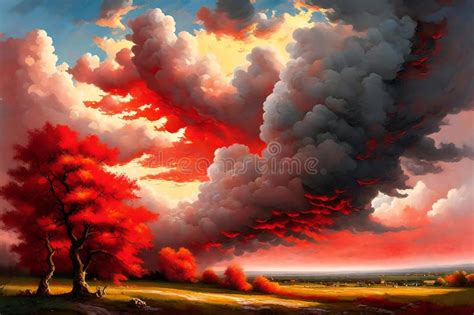 Explosion In The Forest Landscape With Tree And Clouds Stock
