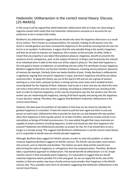 Utilitarianism Essay Hedonistic Utilitarianism Is The Correct Moral