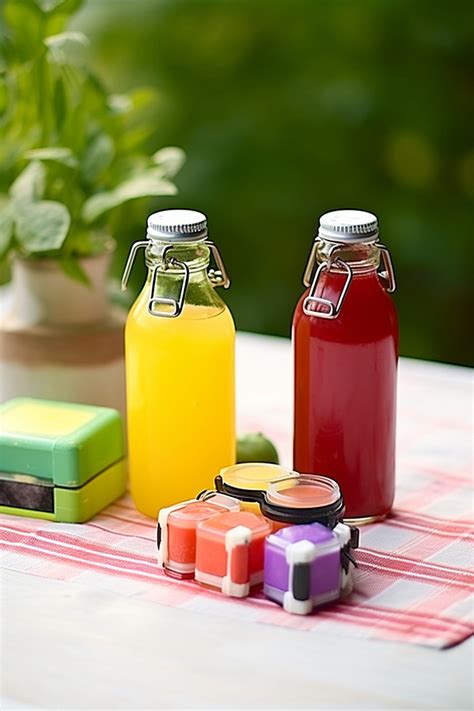 Colorful Juice Bottle And Bottle Of Juice On The Table Background