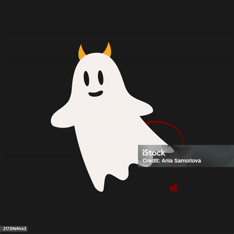 뿔과 꼬리를 가진 귀여운 만화 할로윈 유령 플랫 스타일의 어린이 무서운 일러스트 재미있는 소름 끼치는 유령 악마 벡터 일러스트