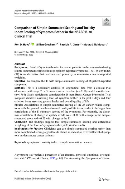 Pdf Comparison Of Simple Summated Scoring And Toxicity Index Scoring Of Symptom Bother In The