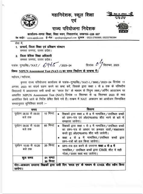 Nipun Assessment Test Nat 01 के समय निर्धारण के सम्बन्ध में आदेश