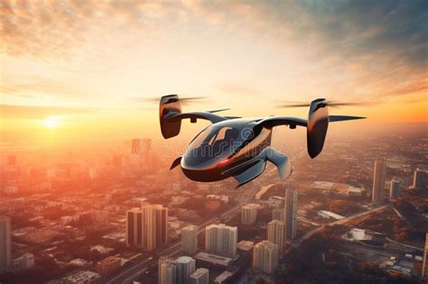 Ai Generated Illustration Of A Robotic Drone Hovering Mid Air Above A Bustling Metropolis Stock