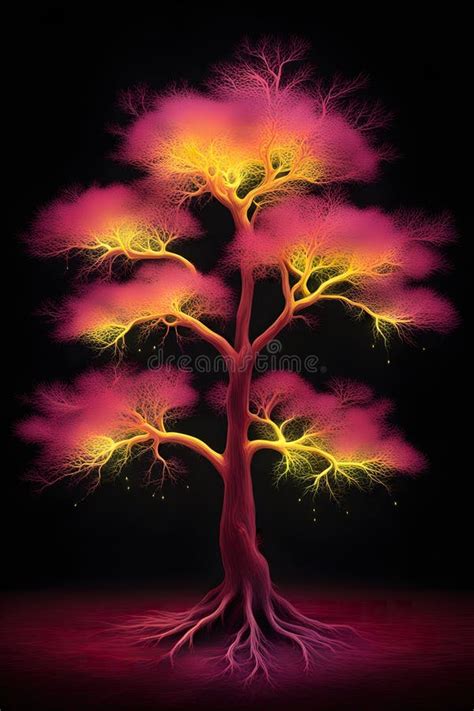 Ai Generated Beautiful Bioluminescent Fluorescent Neon Tree Stock