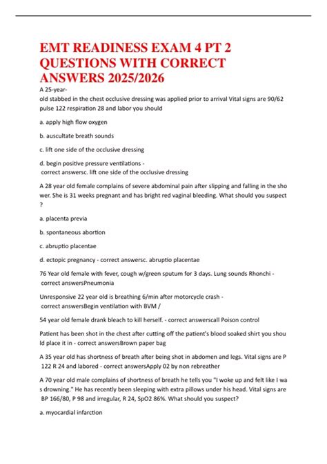 EMT READINESS EXAM PT QUESTIONS WITH CORRECT ANSWERS EMT FISDAP READINESS Stuvia US