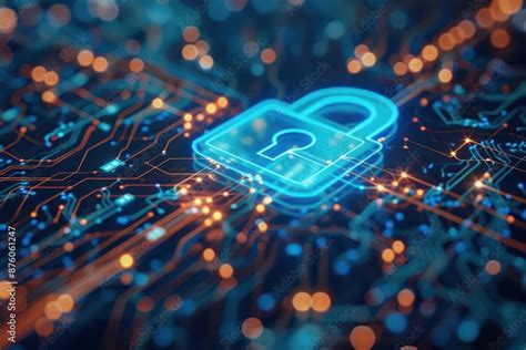 Cybersecurity Concept Digital Lock Icon Overlaid On Complex Circuit Patterns Glowing Connections