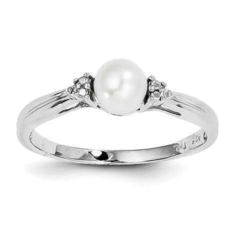 Sterling Silver Rhodium Plated Diamond And Fw Cultured Pearl Ring