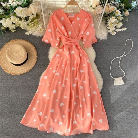 Slim 2021 Vintage Love Heart Print V Neck Bandage Dress Pink One