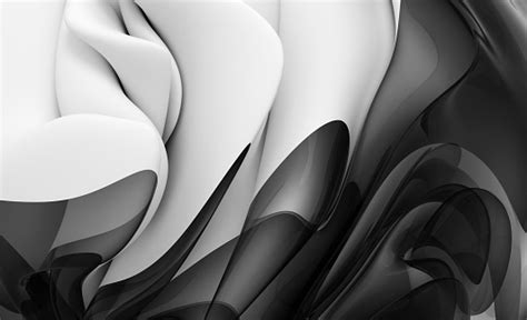 초현실적 인 흑백 흑백 외계인 꽃의 일부가있는 추상 미술 3d 배경의 3d 렌더링 곡선 물결 모양의 우아함 유기 라인은 어두운 검은 반투명 유리 부품흰색 세라믹 소재로