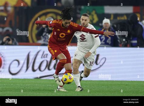 Romas English Defender Chris Smalling Challenges For The Ball With