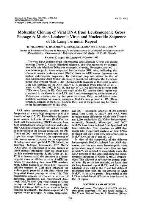 Pdf Molecular Cloning Of Viral Dna From Leukemogenic Gross Passage A
