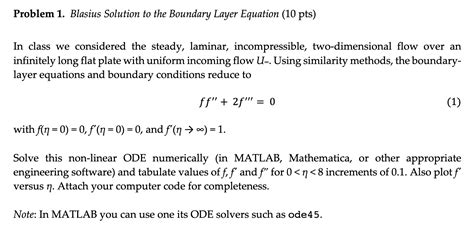 Solved Problem 1 Blasius Solution To The Boundary Layer