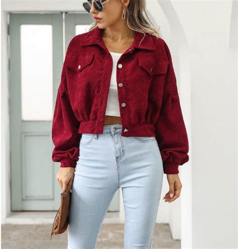 Women Casual Turndown Collar Corduroy Balloon Sleeve Single Breasted