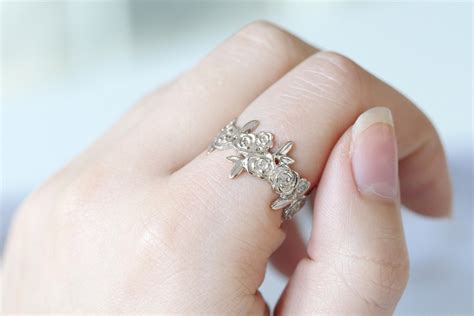 White Gold Floral Adjustable Ring Etsy