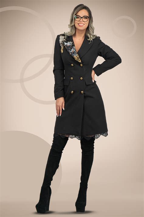Rochie Effect Neagra Eleganta Tip Sacou Cu Paiete Pe Rever