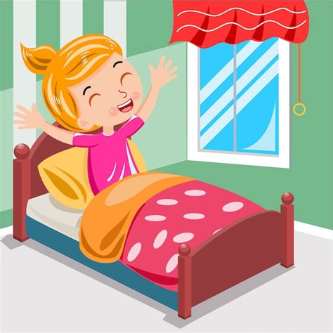 Premium Vector Girl Wake Up Morning On The Bed Vector