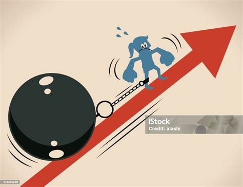 사업가 큰 철 공과 체인에 잠겨 그녀는 그것에서 위로 올리는 화살표 기호에 올라 탈출 고군분투 개념에 대한 스톡 벡터 아트 및