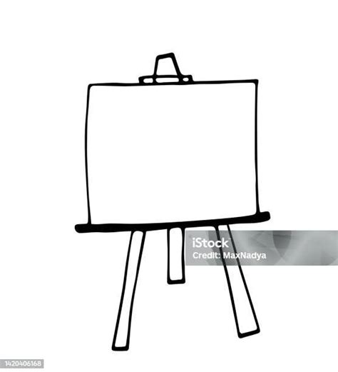 간단한 손으로 그린 검은 윤곽선 벡터 일러스트레이션 빈 캔버스가있는 이젤 예술 용품 깨끗한 시트 프레임 잉크로 스케치하십시오 검은색에 대한 스톡 벡터 아트 및 기타 이미지