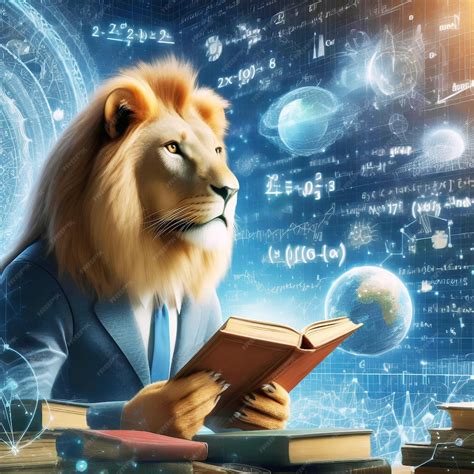 3d Illustration Of Lion Reading Book And Solving Math Data Analytics In