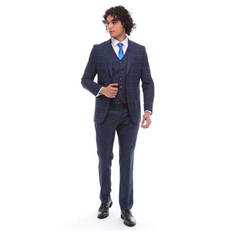 Mens Piece Suit Navy Check Contrasting Waistcoat Trousers Tailored Fit Wedding Buy Online