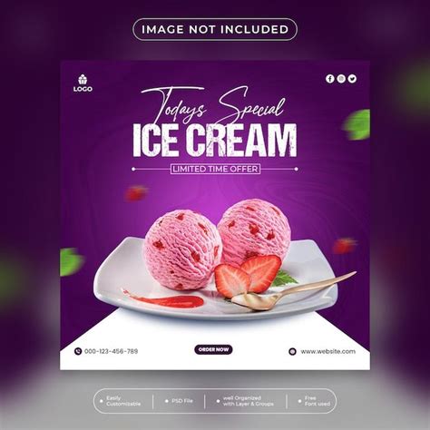 맛있는 아이스크림 소셜 미디어 포스트 템플릿 및 Instagram 배너 포스트 디자인 템플릿 프리미엄 Psd 파일