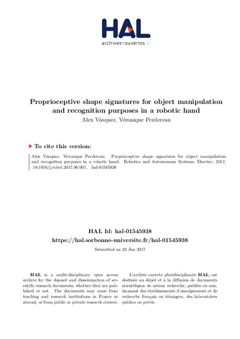 Pdf Proprioceptive Shape Signatures For Object Manipulation And Recognition Purposes In A
