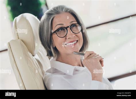 Profile Portrait Of Minded Smart Cheerful Aged Lady Sit Leather Chair