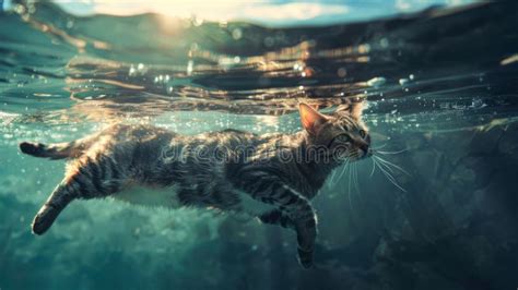 A Tabby Cat Swimming Underwater Gracefully Moving Through The Clear