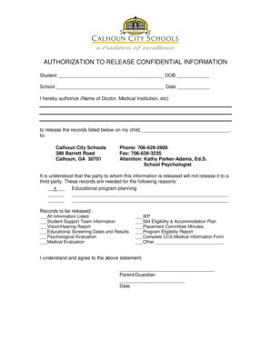 Fillable Online Calhounschools AUTHORIZATION TO RELEASE CONFIDENTIAL