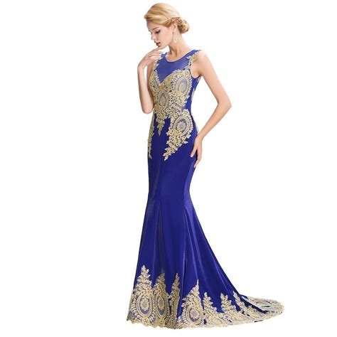 Long Mermaid Gold Appliques Evening Dress Evening
