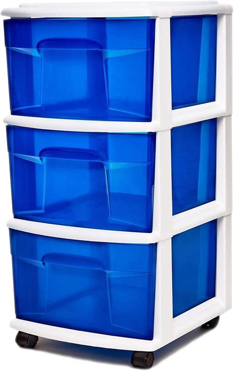 Drawer Tower 3 Tier Clear Blue Plastic Storage Organizer Cart White