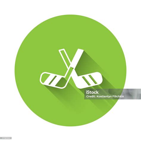흰색 아이스 하키 스틱 아이콘은 긴 그림자 배경으로 격리되어 있습니다 녹색 원 버튼 벡터 Championship에 대한 스톡 벡터 아트 및 기타 이미지 Istock