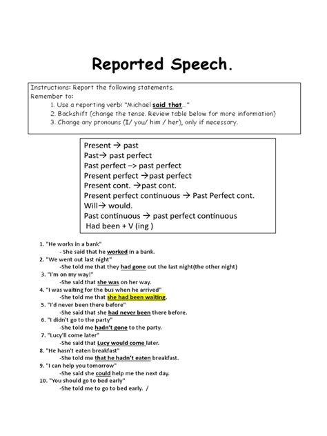 Reported Speech Exercise Pdf