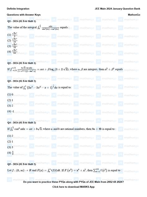 Definite Integration Jee Main 2024 January Question Bank Mathongo Download Free Pdf